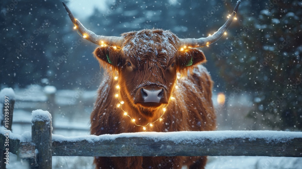 Highland Cow with Golden Lights: A Highland cow with warm digital pic ...