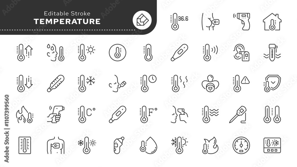 Temperature and thermometer line icon set. Water and air temperature ...