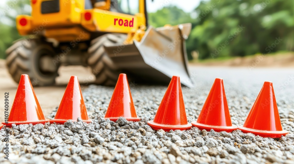 Construction work in progress heavy machinery at road site with safety ...