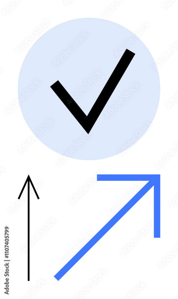 Black check mark within light blue circle, black upward arrow, and blue ...