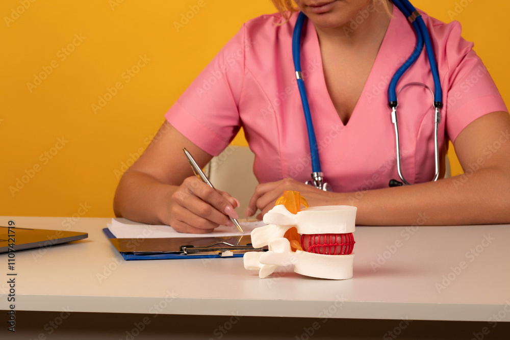 Anatomical lumbar disc herniation model on work desk of doctor in ...