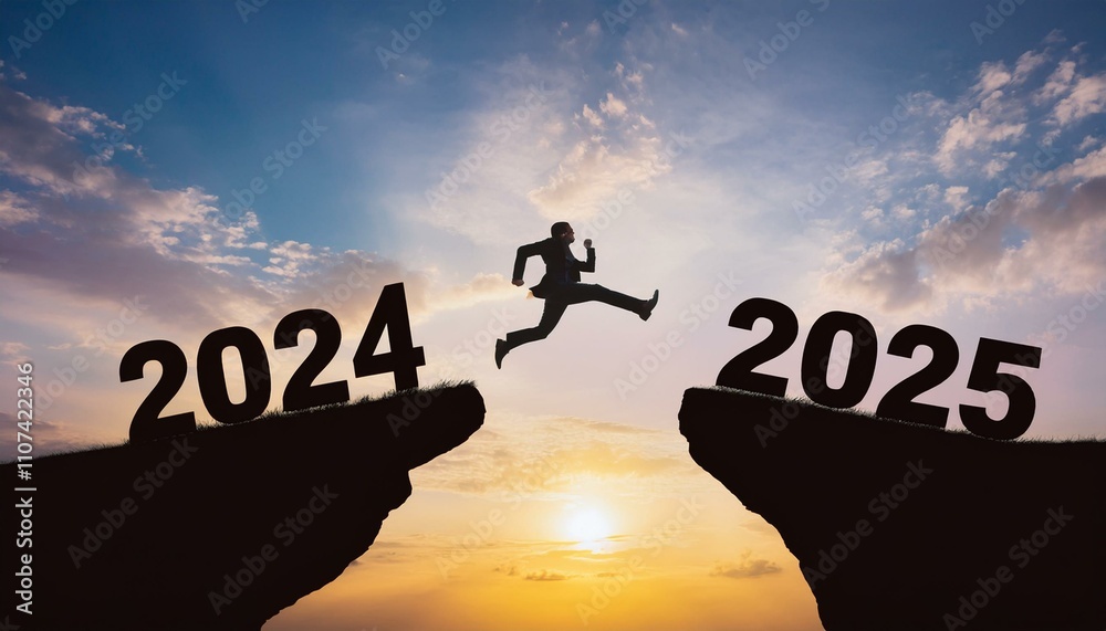 Happy new year 2025,Silhouette BusinessMan jumping from 2024 cliff to ...