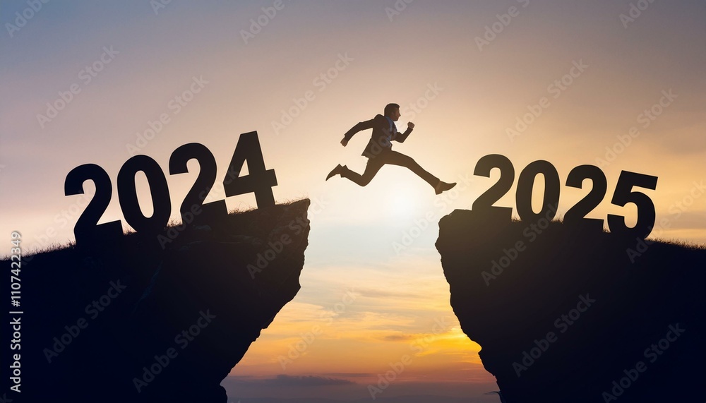 Happy new year 2025,Silhouette BusinessMan jumping from 2024 cliff to ...