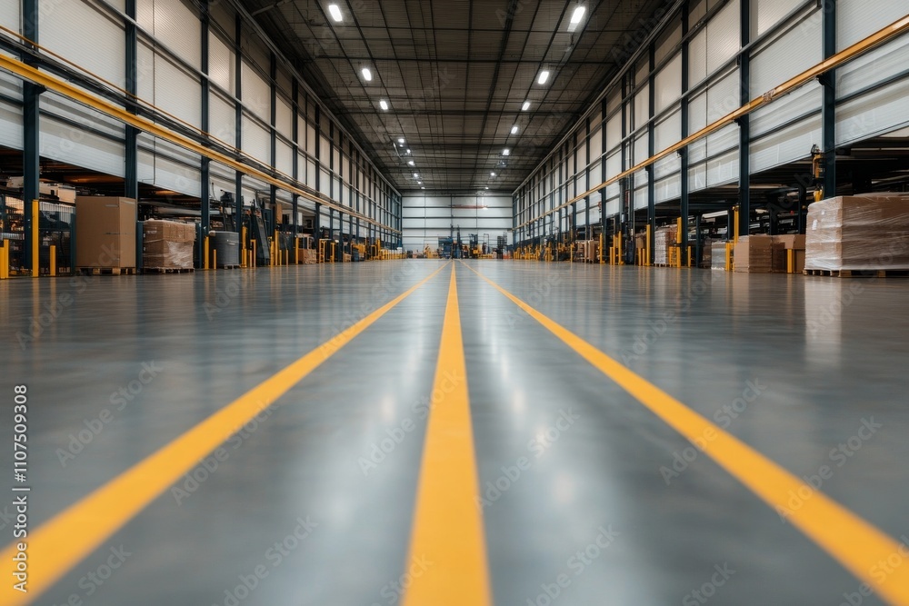 An expansive industrial warehouse interior features prominent yellow ...