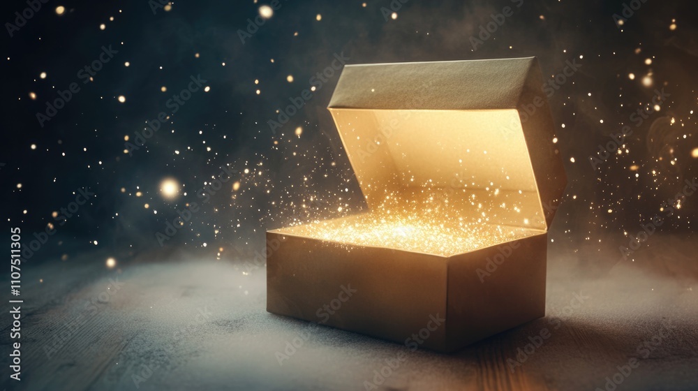 Opened magical Box with light beams and sparkles around, magical and ...