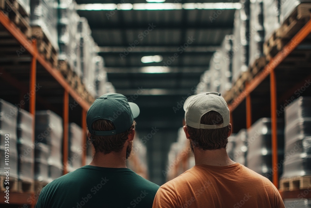 Back view of two young men in caps, observing towering shelves filled ...