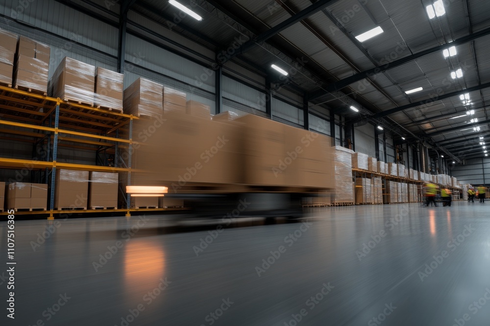 A fast-moving stacker is captured in motion within a bustling warehouse ...