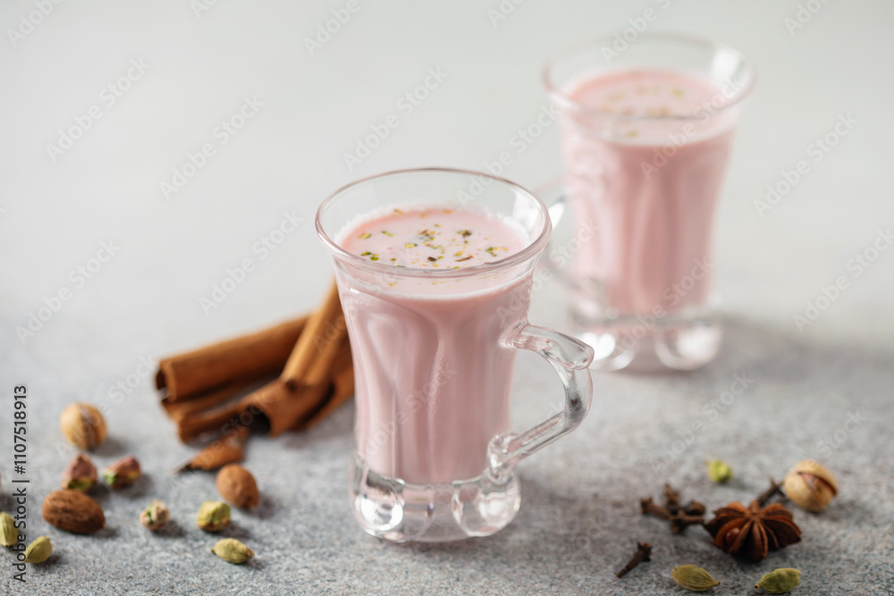 Pink Tea Kashmiri Chai. Traditional Kashmiri tea with sliced pistachios ...