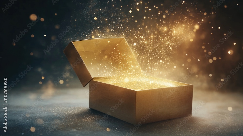 Opened magical Box with light beams and sparkles around, magical and ...