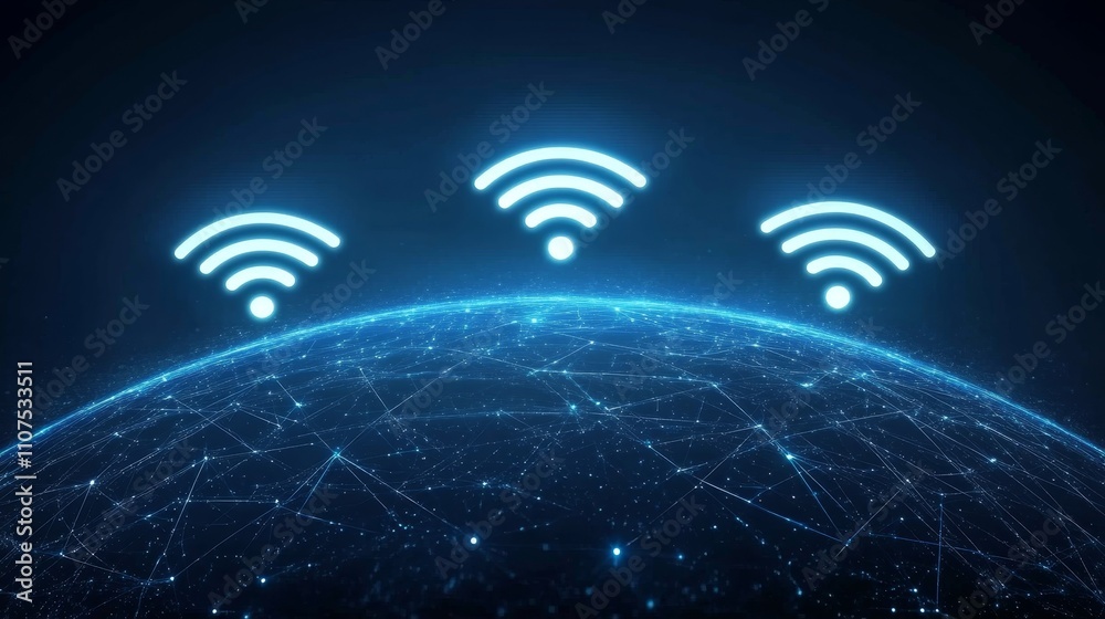Global system network with Wi-Fi icons, digital connection lines, data ...