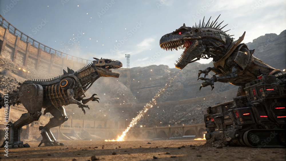 Robot dinosaurs fight. Dinosaur robots illustration. metal gladiator robot dinosaurs fighting on ...