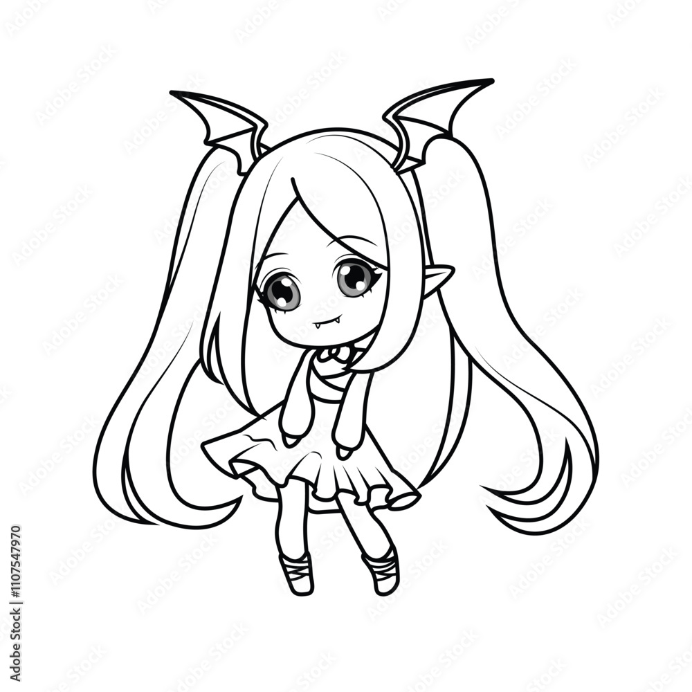 Adorable chibi vampire girl with big eyes. Perfect black-and-white ...