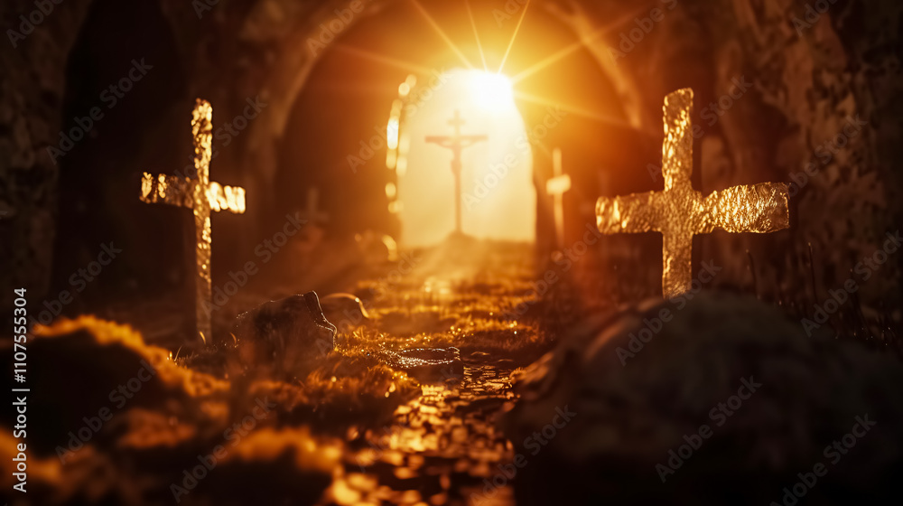 The Resurrection of Jesus Christ depicted with an empty tomb, focusing on the shroud and ...