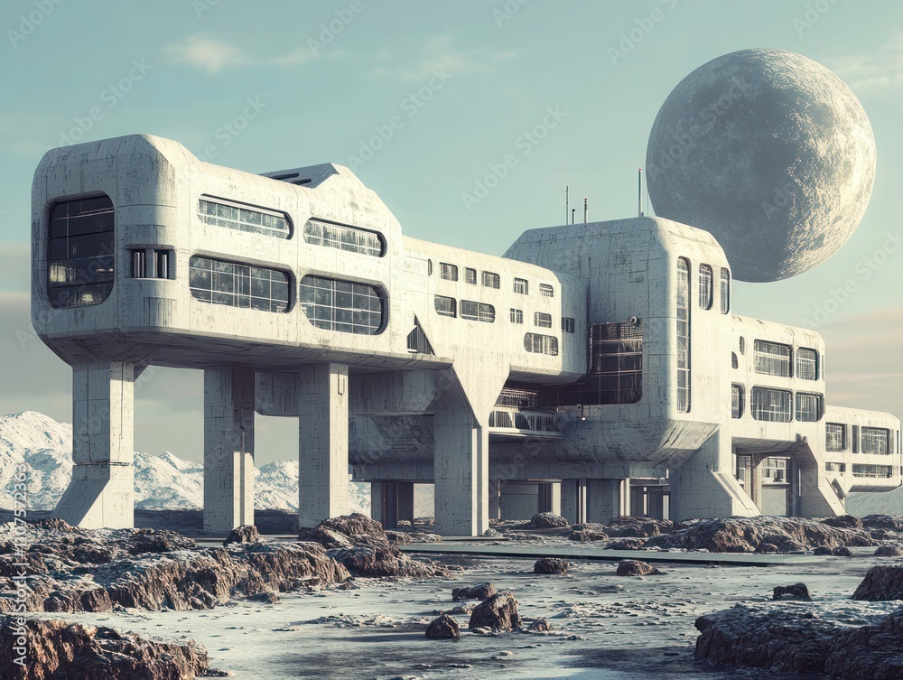 Brutalist space station design, imagining futuristic living ...