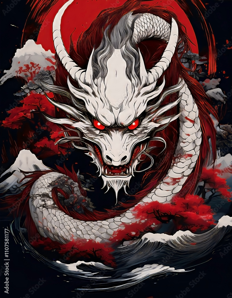 japanese dragon, ghostly, female potrait , with dark background white ...