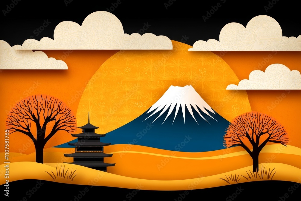 A modern take on a Japanese New Year card featuring Mount Fuji, blended ...