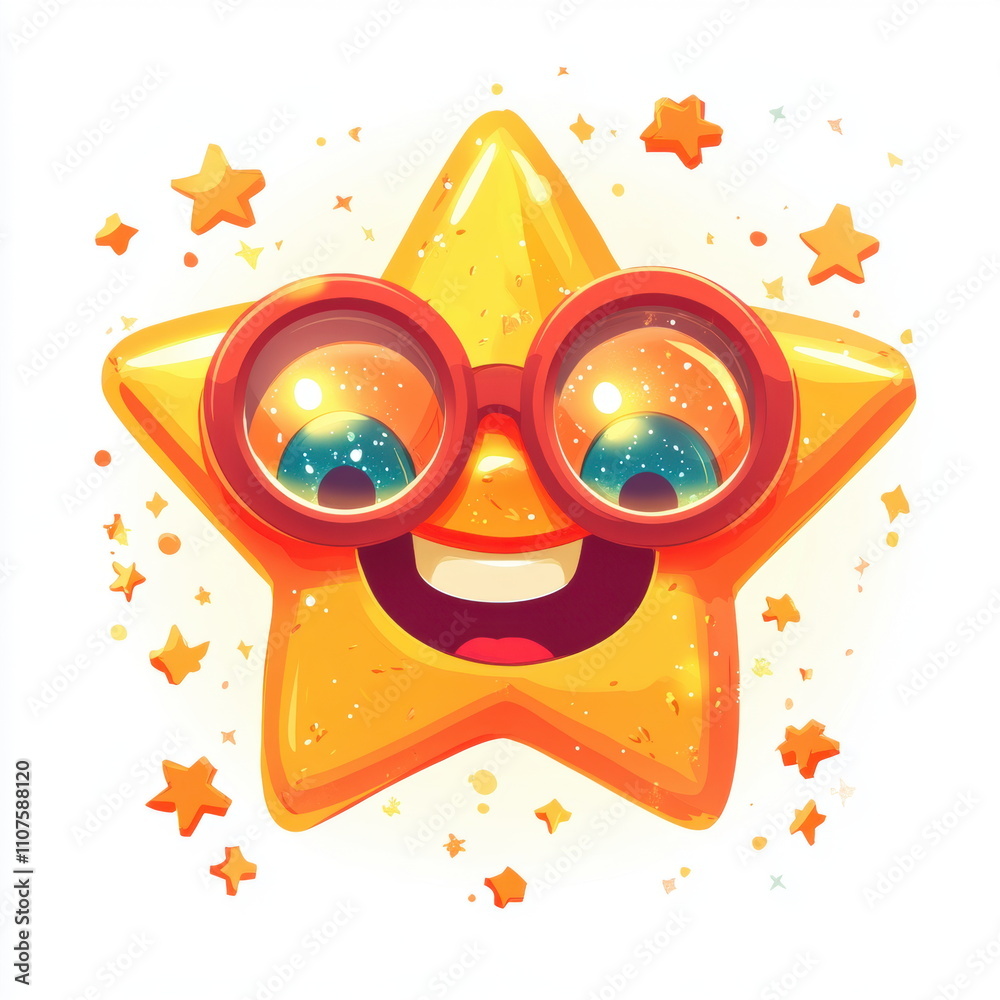 Happy Cartoon Star Character with Glasses Surrounded by Sparkling Stars ...