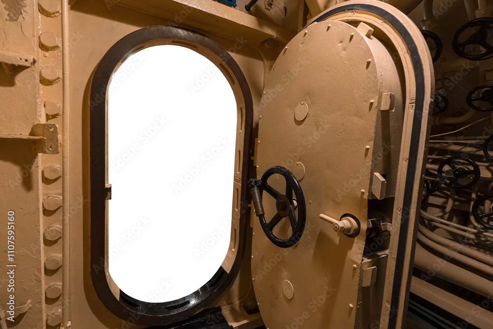 Open hatch door with wheel and locking mechanism, with isolated white ...