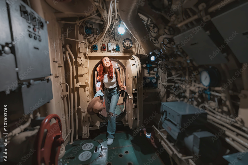Young woman entering a submarine through a hatch, exploring the ...