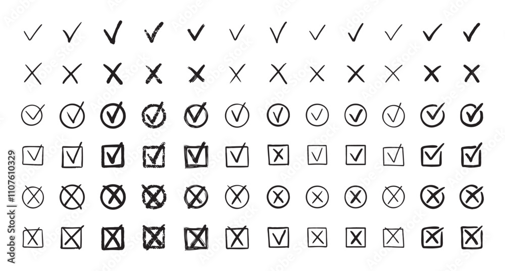 Check marks hand drawn doodle set. tick, cross signs for checkbox, checklist, v and x in sketch ...