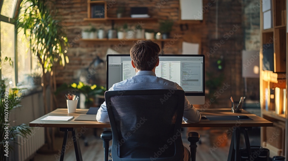 Concept of an office worker with visuals of ergonomic chair, modern ...