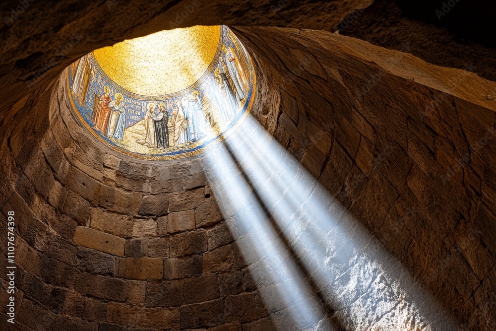A Byzantine dome ceiling covered in detailed mosaics, depicting ...