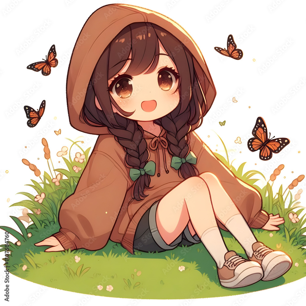 a cute anime girl with dark brown hair in twin braids, wearing a comfy ...