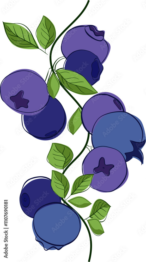 Blueberry branche seamless vertical border with green leaves and ...