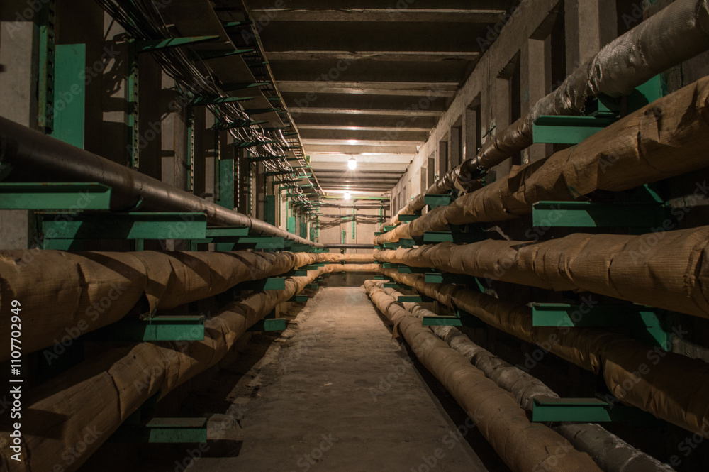 Underground concrete utility tunnel with pipes and wires lit by ...