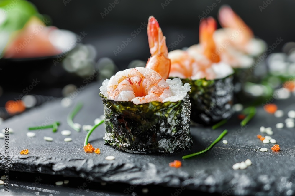 Shrimp Hosomaki Sushi, Small Maki Sushi Rolls with Rice, King Prawn and ...