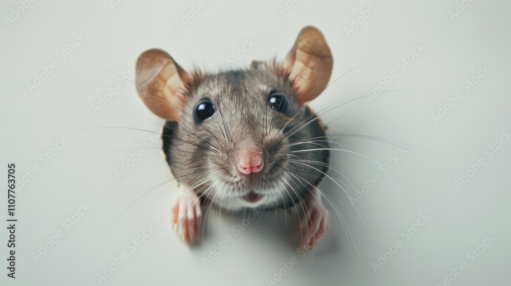 photograph of A realistic photo of a rat peering out from a hole on a ...