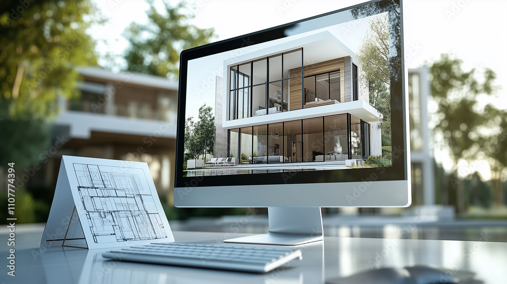 A professional workspace with a desktop computer showing a fully ...