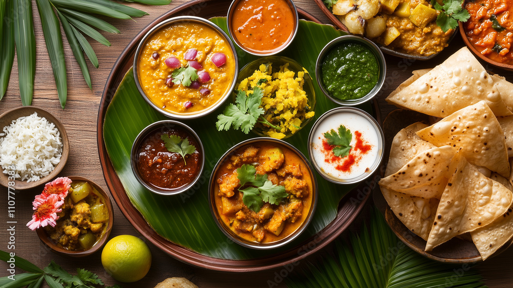 A traditional South Indian meal spread on a large banana leaf ...
