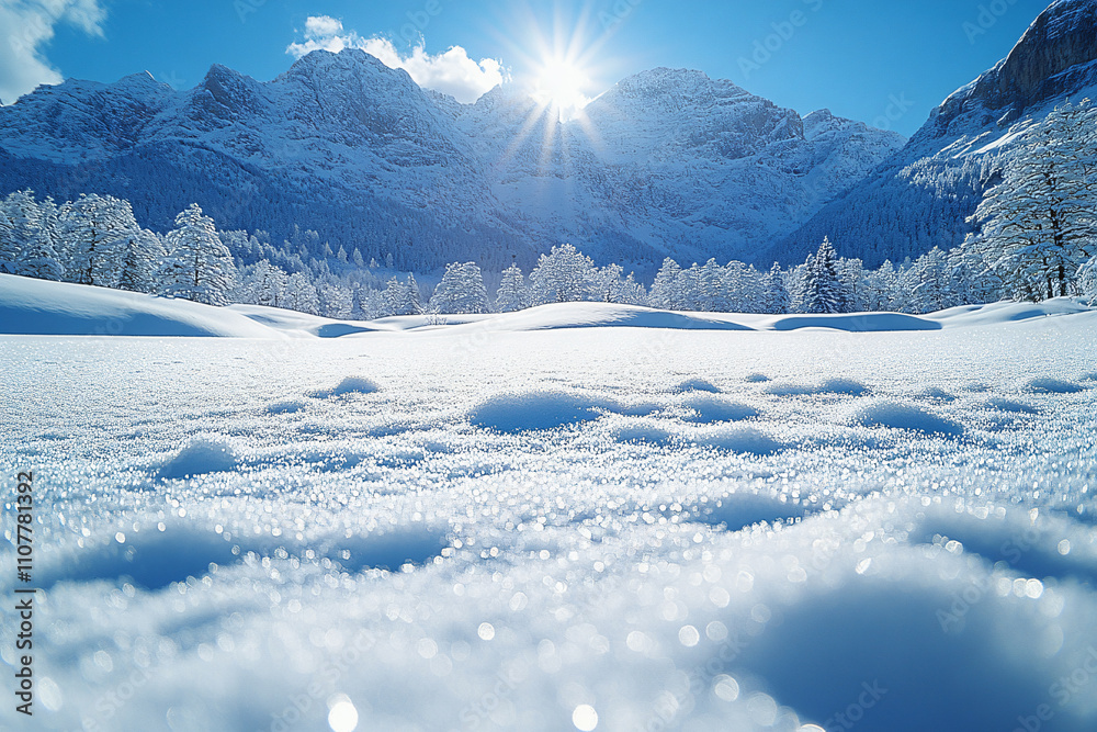 snow on the ground back is mountain of snovy passthrough the sun Stock ...