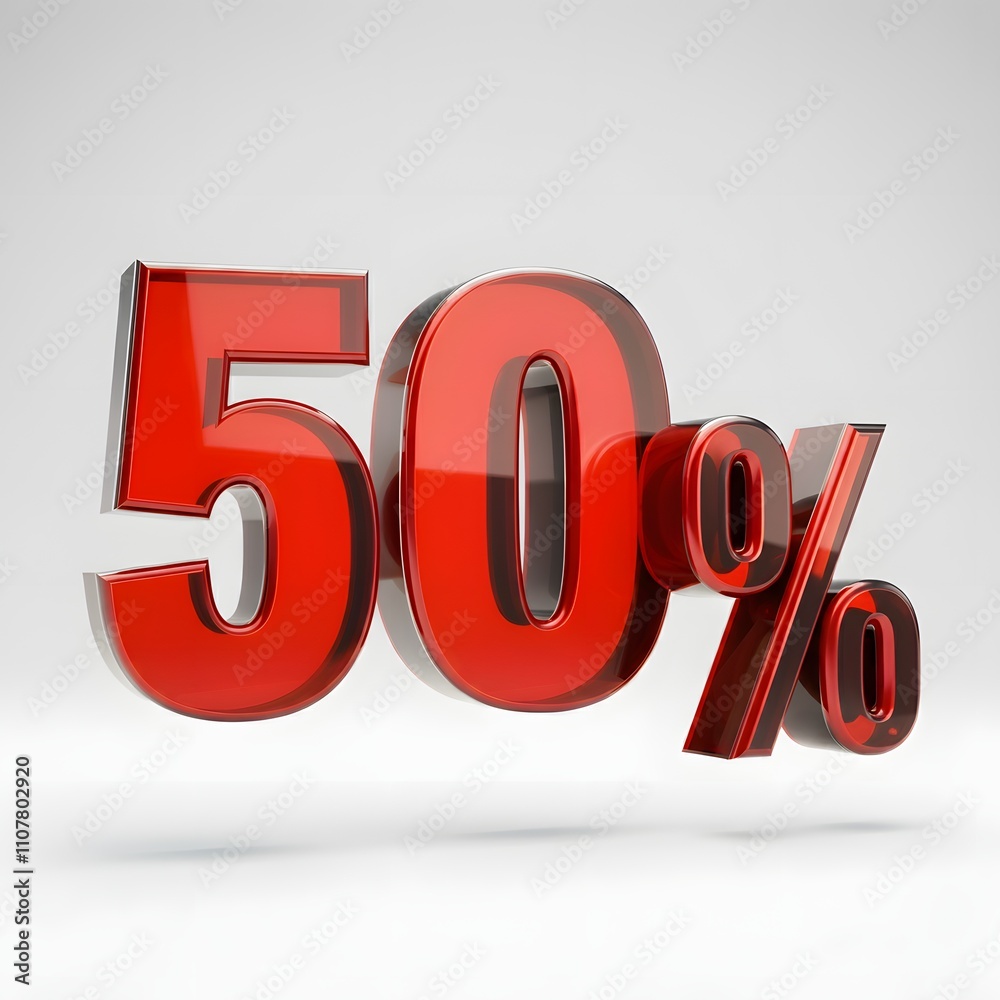 3D bold red text reading '50%' with a glossy finish and floating shadow ...
