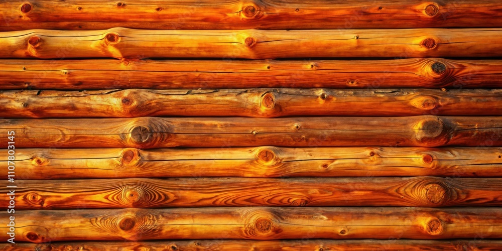 A rustic wood wall made of stacked logs with a natural warm orange hue ...
