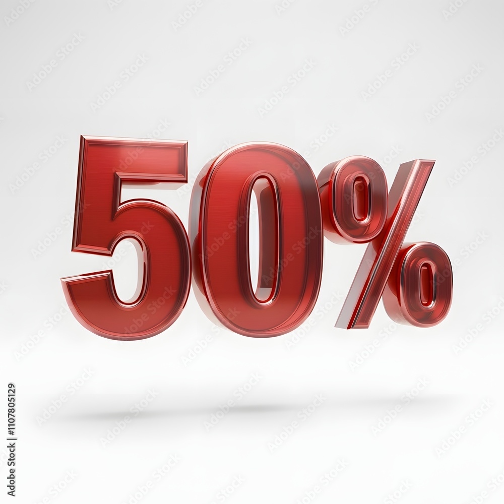 3D bold red text reading '50%' with a glossy finish and floating shadow ...