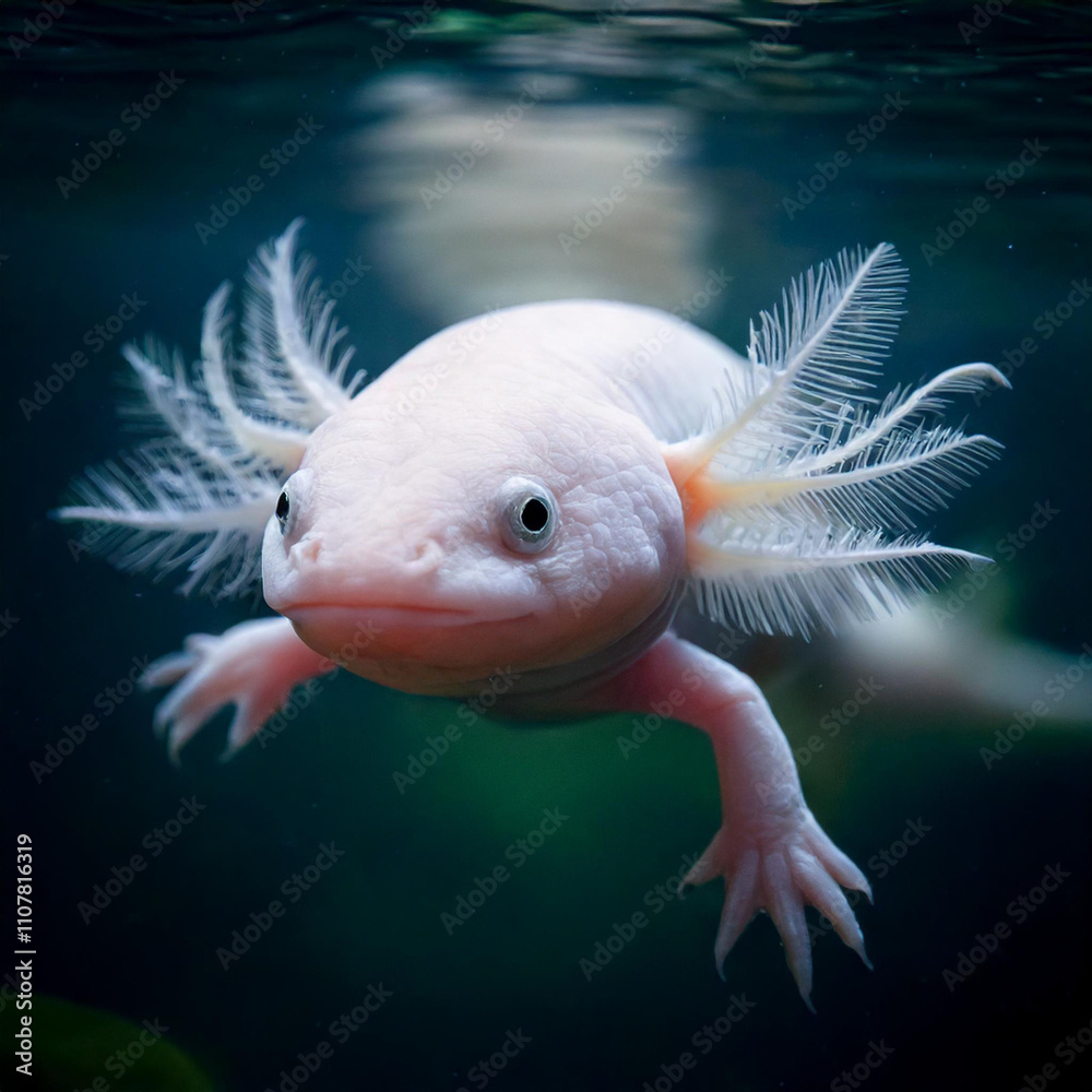 An axolotl floating in clear water, its feathery gills and smooth skin ...