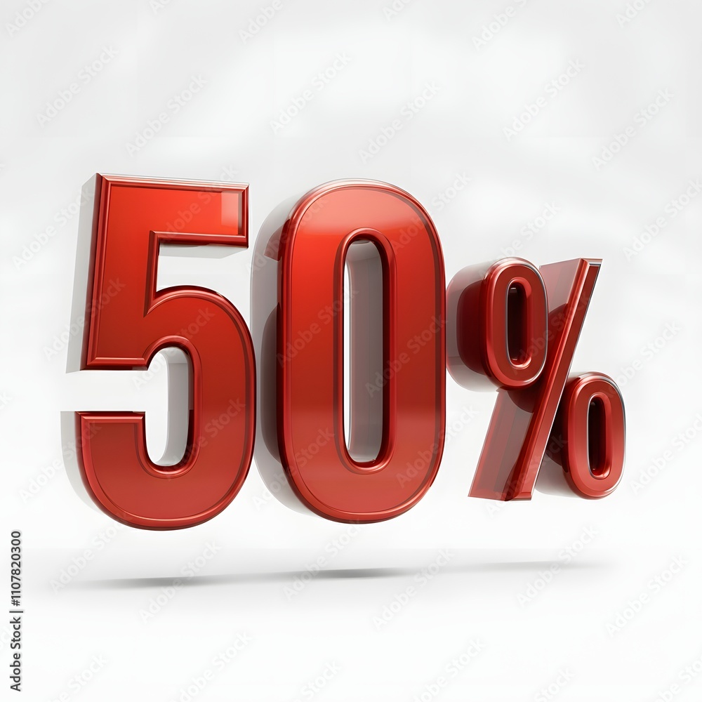 3D bold red text reading '50%' with a glossy finish and floating shadow ...