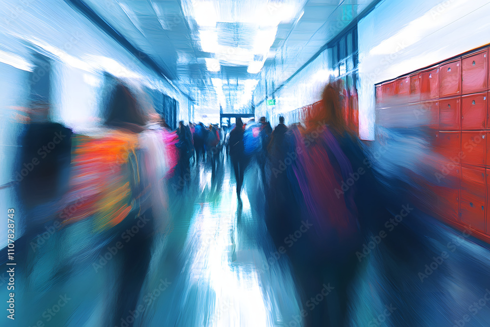 busy school corridor filled with students walking and chatting, motion ...