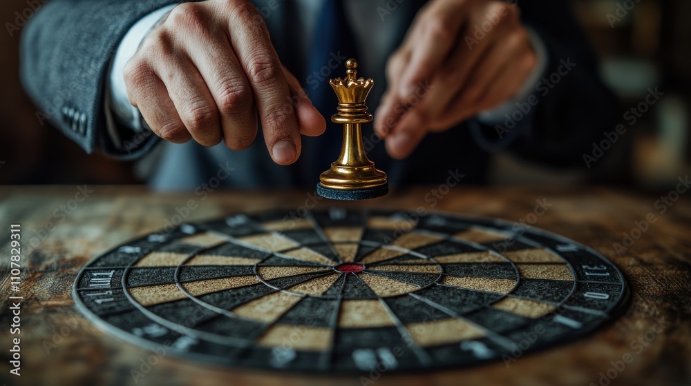 businessman holding and throwing golden king chess to virtual target ...