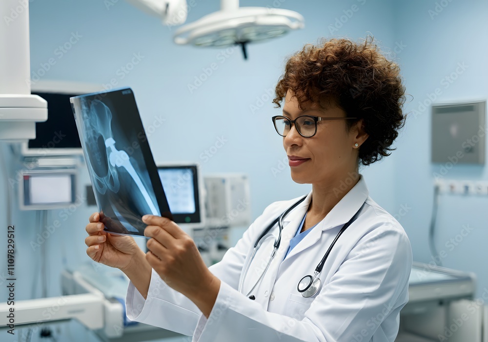 Doctor Examining Hip Replacement X-ray in Hospital Radiology Room ...