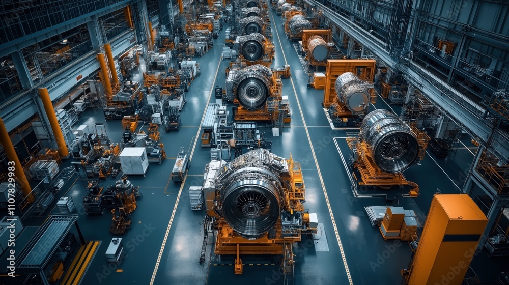 Large industrial factory with multiple aircraft jet engines on assembly ...
