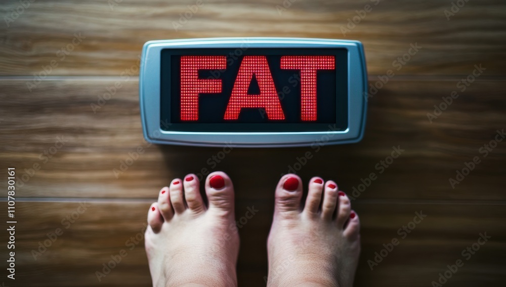 Feet on a scale showing the word "FAT" in bold red letters, addressing ...
