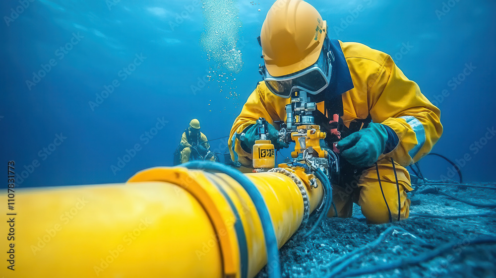 Underwater oil pipeline repair with engineers in yellow suits ...