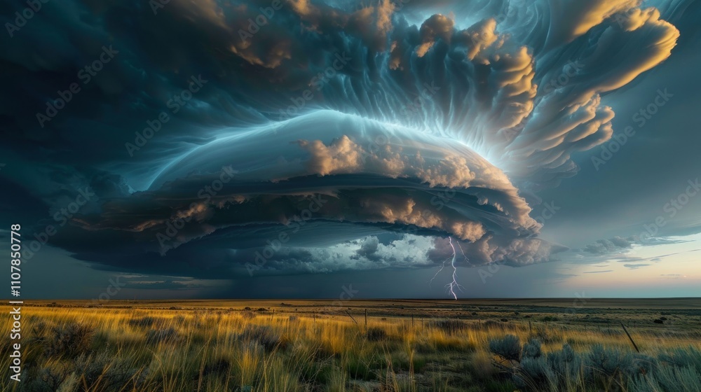 photograph of Tornadic supercell over vast open plains with dark storm ...
