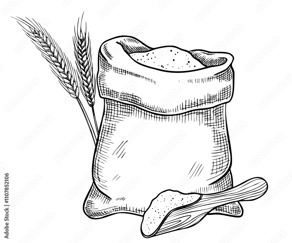 Sack of Flour with Scoop and Spikelets vector illustration. Linear ...