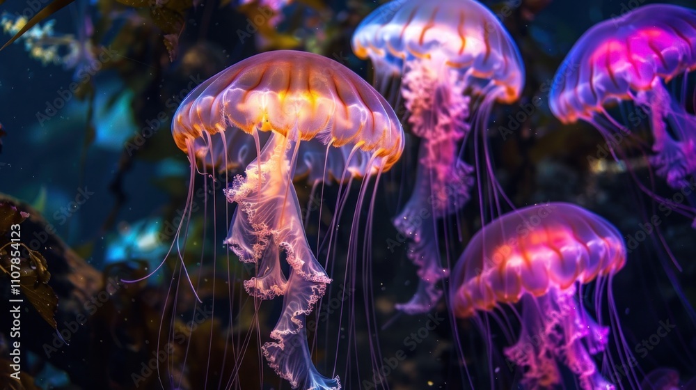photograph of Underwater animals Brightly colored sea jellies with ...