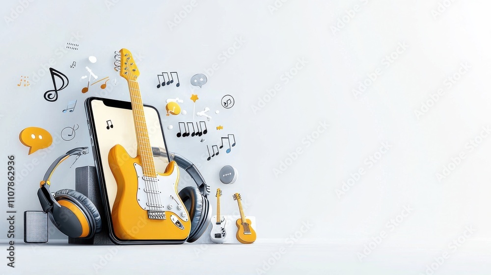 Showcasing a music store app on a smartphone with floating icons in a ...