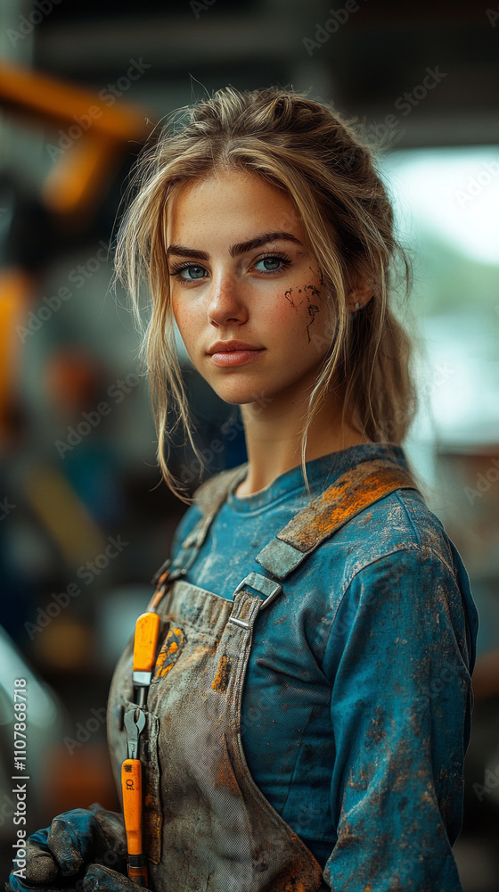 A focused, powerful female mechanic fixes a car near a lift. Grease ...